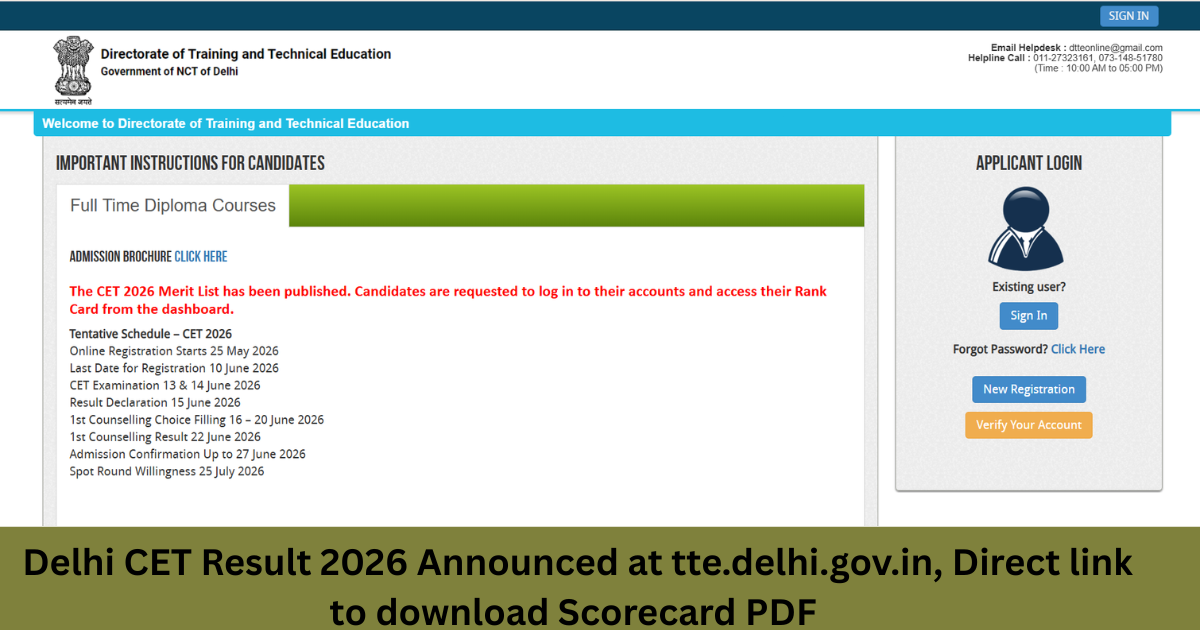 Delhi CET Result 2026 Announced at tte.delhi.gov.in, Direct link to ...
