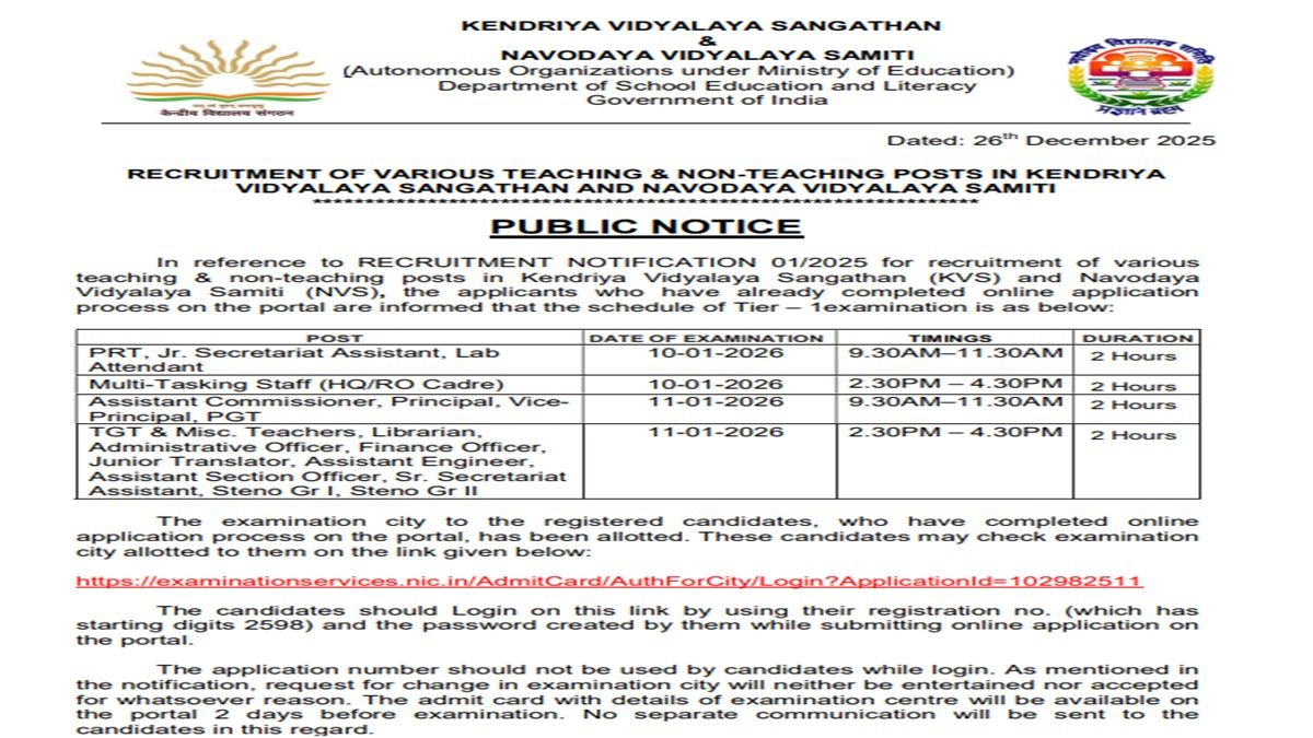 KVS NVS Admit Card 2026 at kvsangathan.nic.in: Download Exam Hall ...